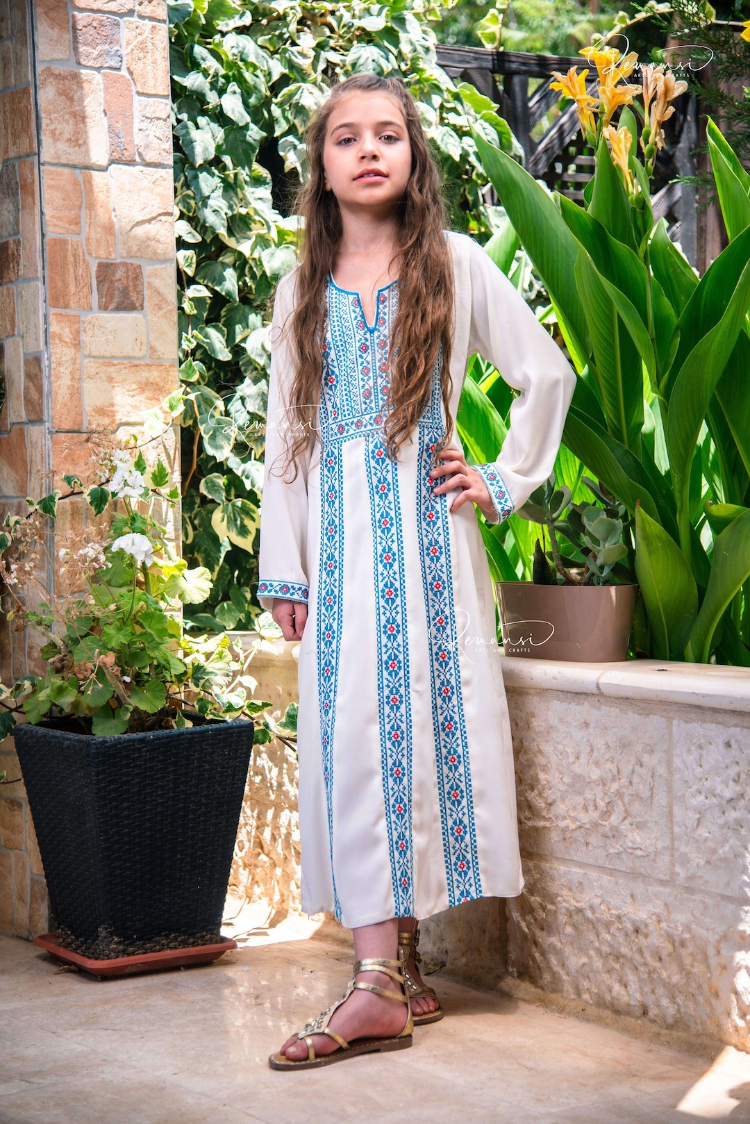 Girl's Palestinian Tatreez Thobe Long Dress Blue and White Embroidered ...