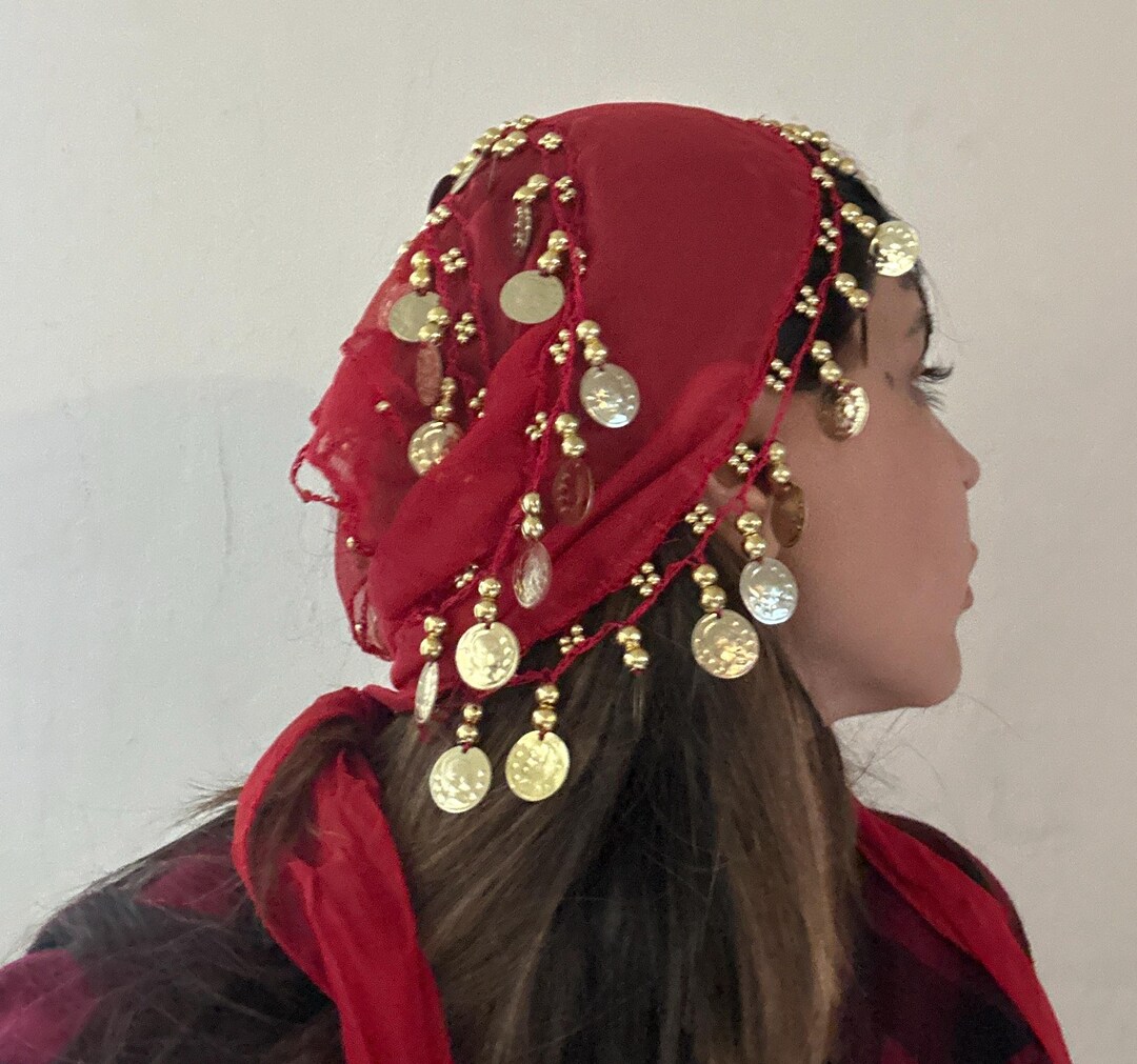 Red Belly Dance Scarf, Belly Dancing Coin Sash Costume With Gold Coins ...