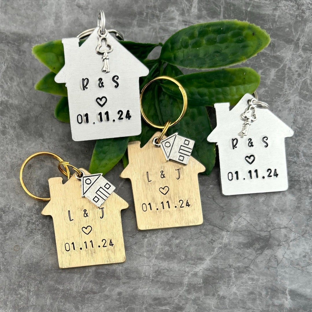 Personalised House Shaped | Hand Stamped | New Home Keyring - Etsy UK
