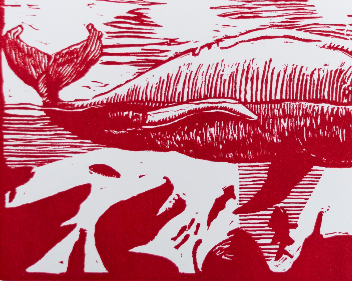 Dead Whale, Sea Creature Linocut Print, Handmade Woodcut Style Art - Etsy