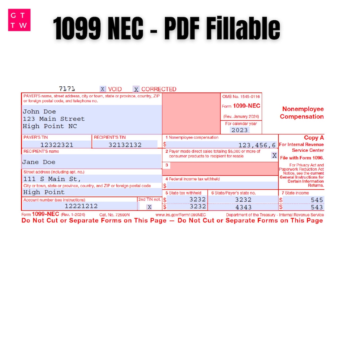 1099 NEC Editable PDF Fillable Template 2025 | With Print and Clear ...