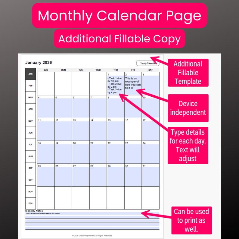 2026 Fillable Monthly and Yearly Calendar PDF | Digital Planner for ...