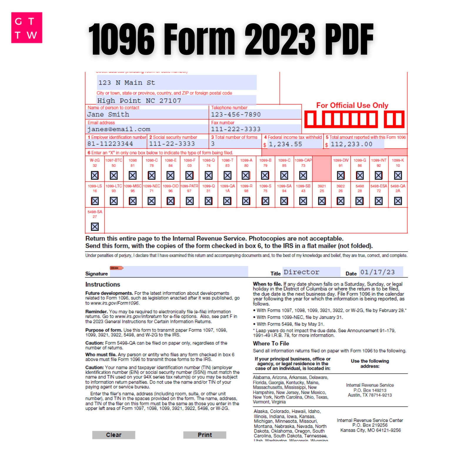 1096 IRS PDF Fillable Template 2023/2024 | With Print and Clear Buttons| Courier Font | Digital ...