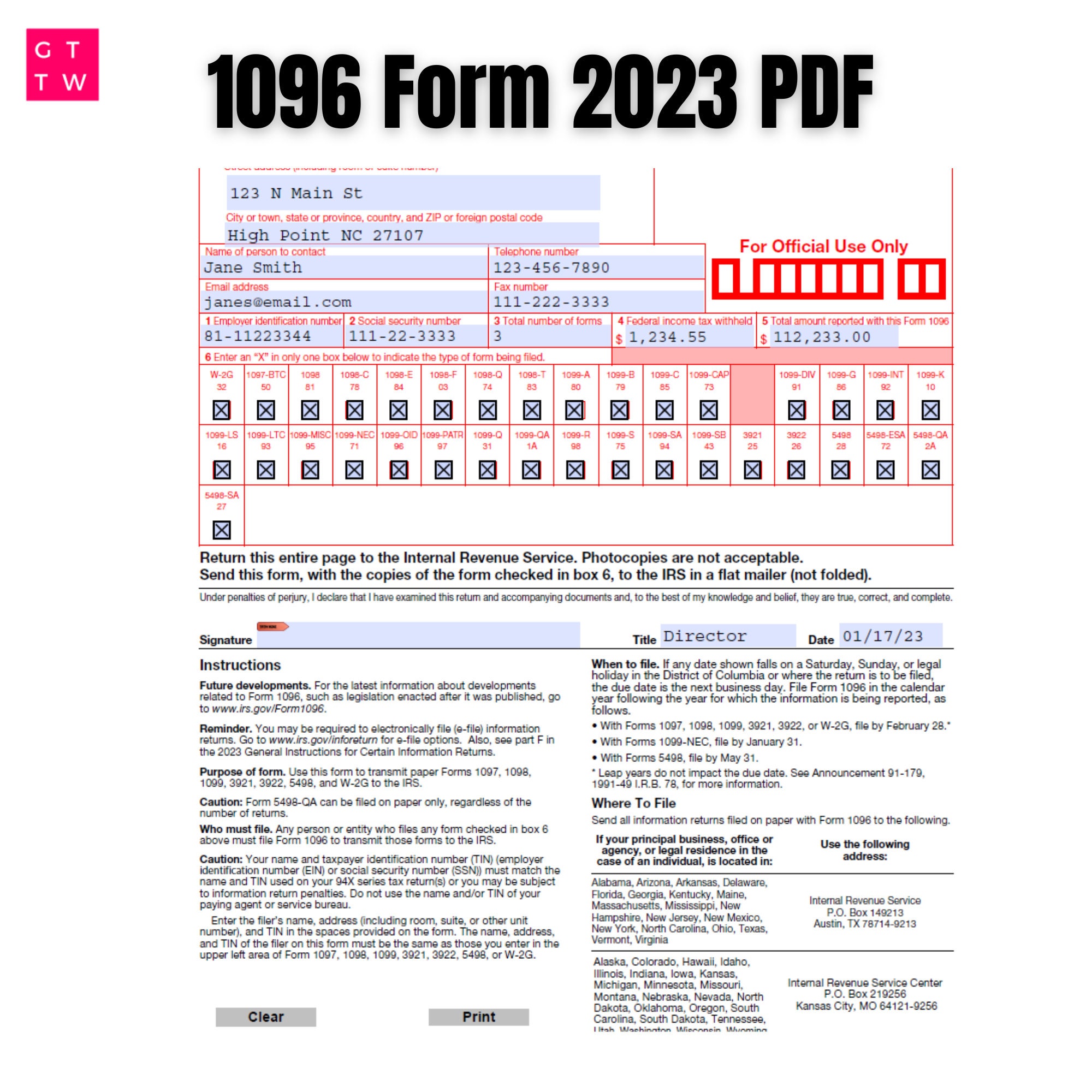 1096 IRS Form 2023/2024 Fillable Template (digital Download) - Etsy