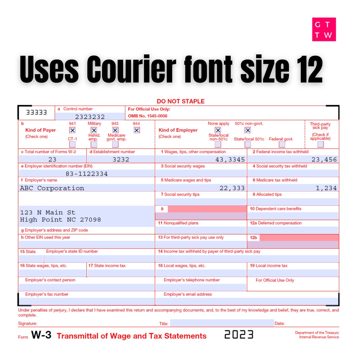 W3 Form IRS 2023 Fillable PDF - Etsy