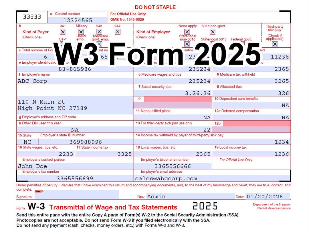 W3 Form IRS 2025 Fillable PDF - Etsy