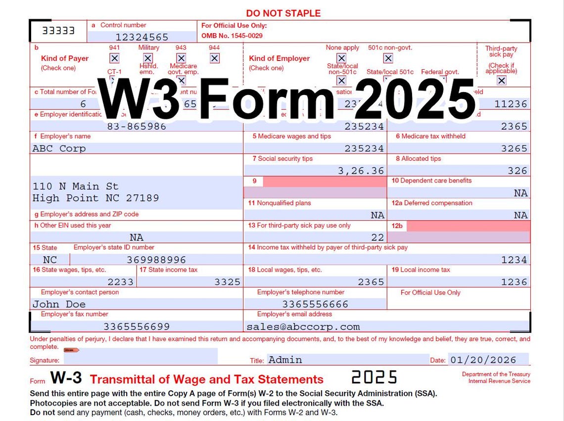 W3 Form IRS 2025 Fillable PDF - Etsy