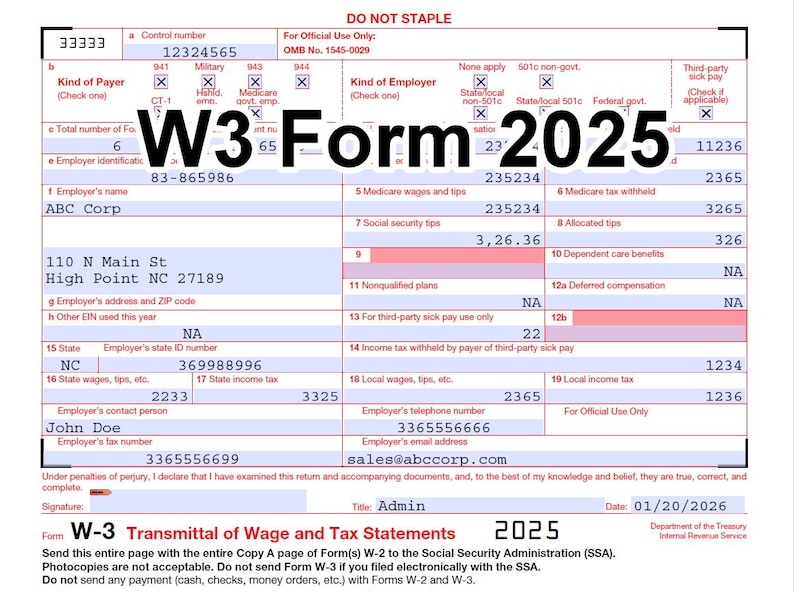 W3 Form IRS 2025 Fillable PDF - Etsy