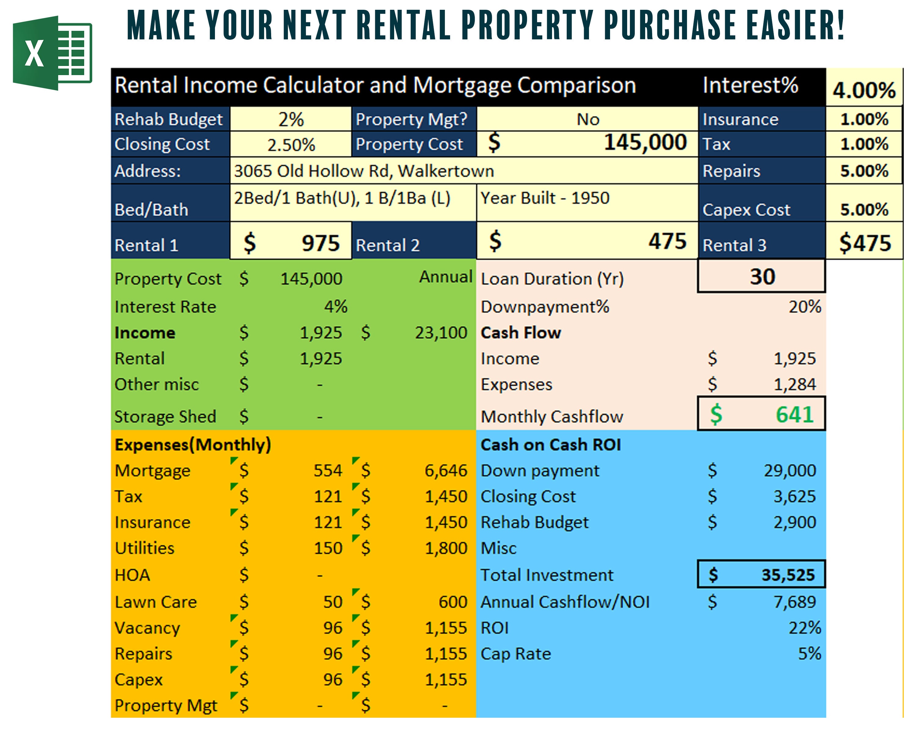 Minimalist Excel Template for Rental Property Buying | Mortgage ...