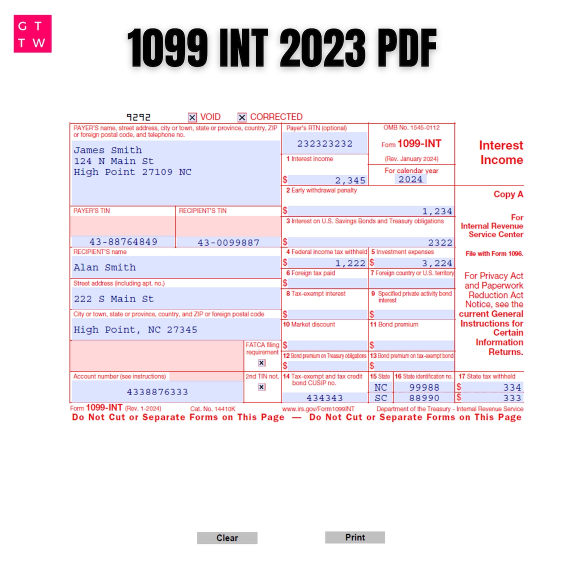 1099 INT Form PDF Template 2024 | 2023 With Print and Clear Buttons - Etsy