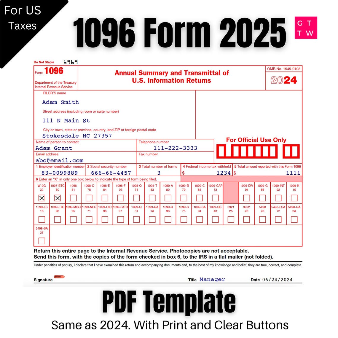1096 IRS Fillable Template 2024-2025: With Print/clear Buttons (digital ...