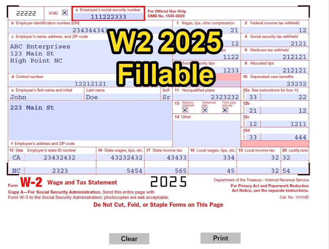 Fillable W2 Form 2025: Printable IRS Template (digital Download) - Etsy