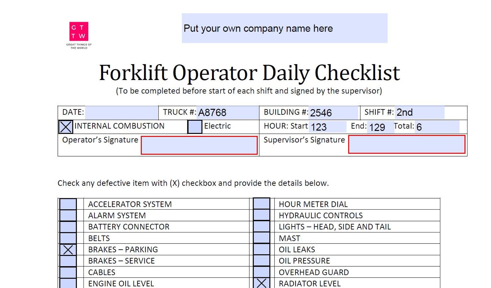 Forklift Operator Daily Checklist: Printable PDF Template - Etsy
