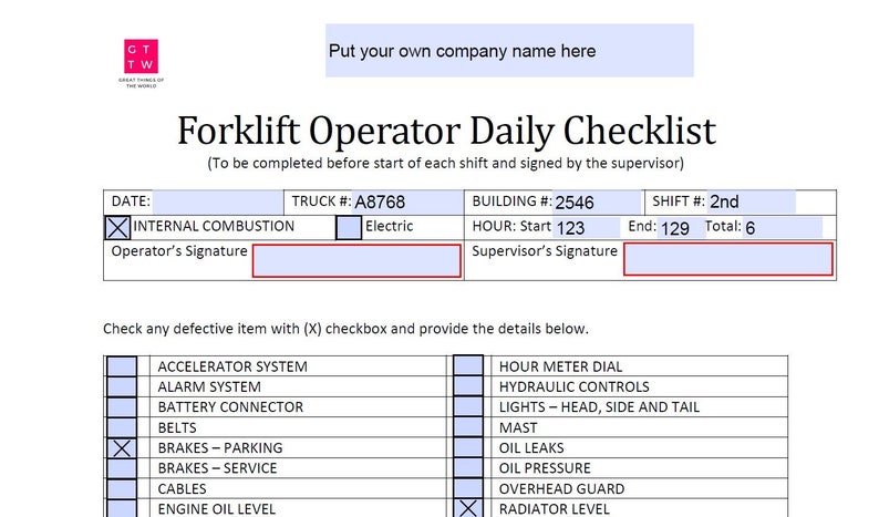 Forklift Operator Daily Checklist Printable Fillable With Clear and Print Button PDF Template ...