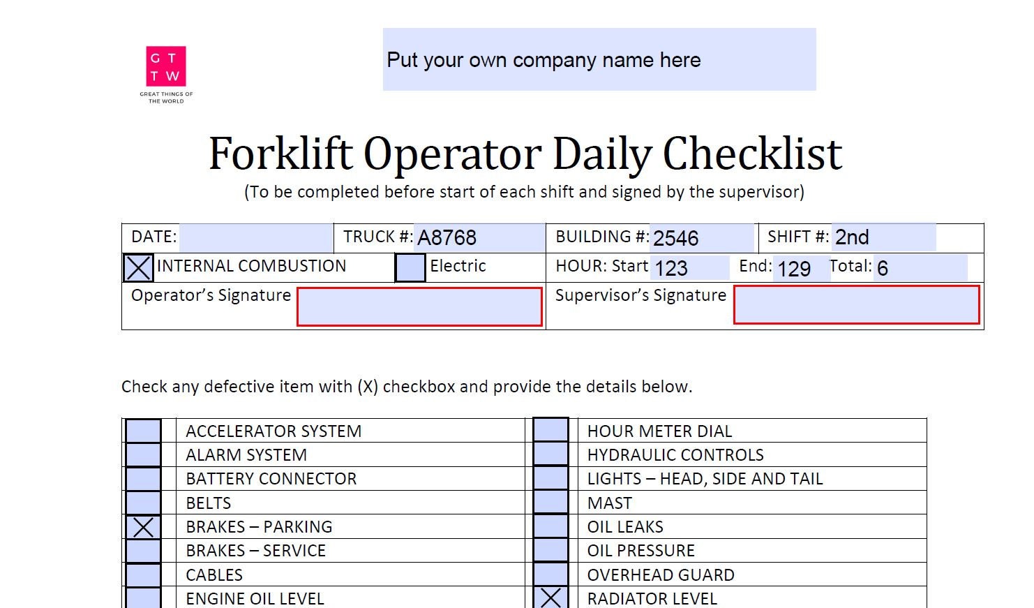 Forklift Operator Daily Checklist: Printable PDF Template - Etsy
