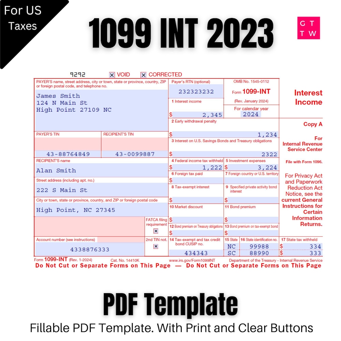 1099 INT Form PDF Template 2024 | 2023 With Print and Clear Buttons - Etsy
