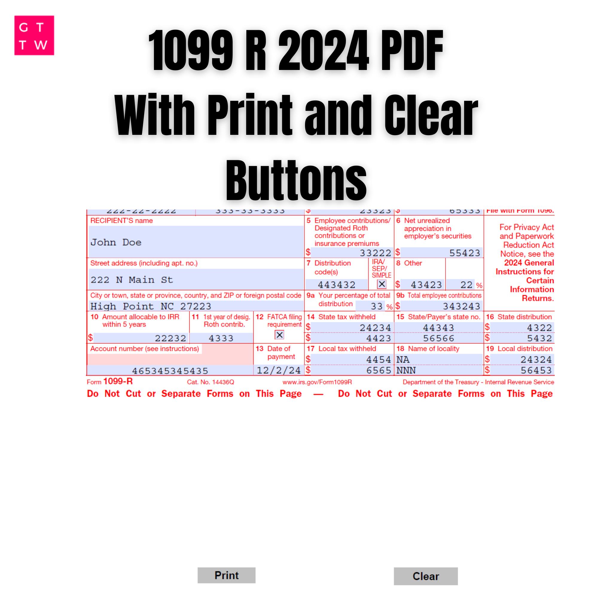 1099 R Editable PDF Fillable Template 2024 | With Print and Clear ...