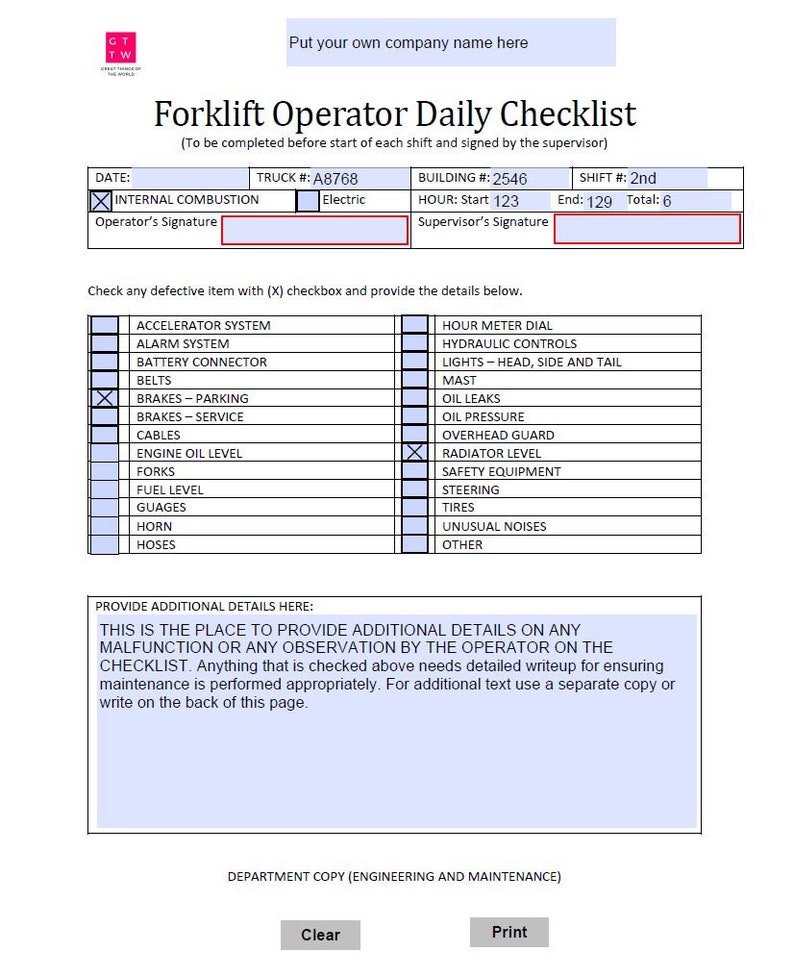 Forklift Operator Daily Checklist: Printable PDF Template - Etsy