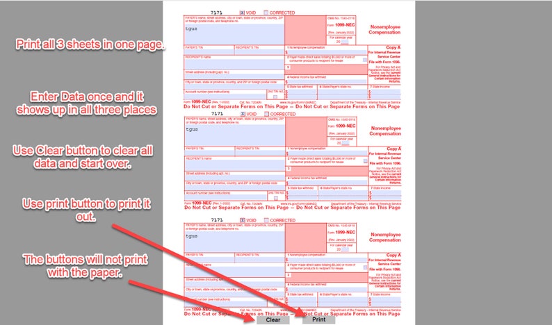 1099 NEC Editable PDF Fillable Template 2022 Prints up to 30 Pages ...
