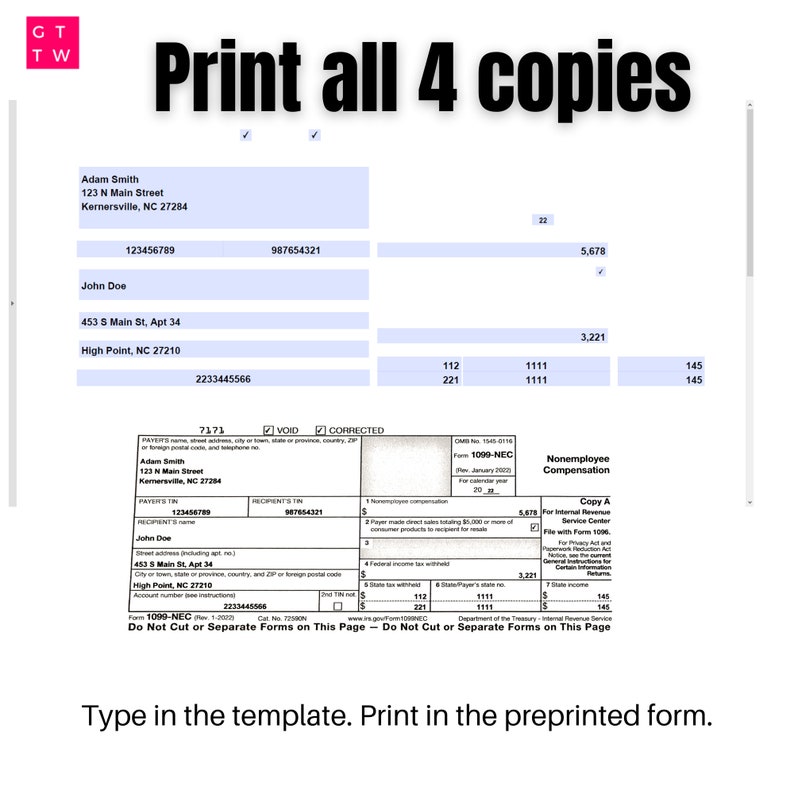 1099 NEC Editable PDF Fillable Template 2022 Prints up to 30 Pages| With Print and Clear Buttons ...