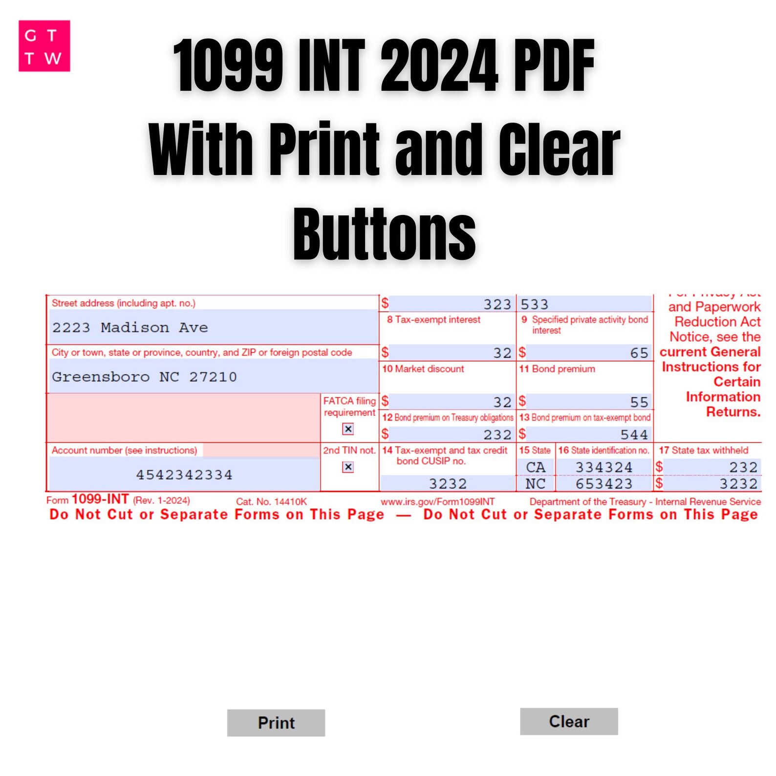 1099 INT Form PDF Template 2024 With Print and Clear Buttons - Etsy