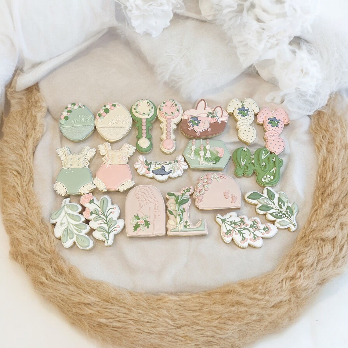 1 Dozen Babar Baby Shower Minimalist Greenery Royal Icing Custom Sugar ...