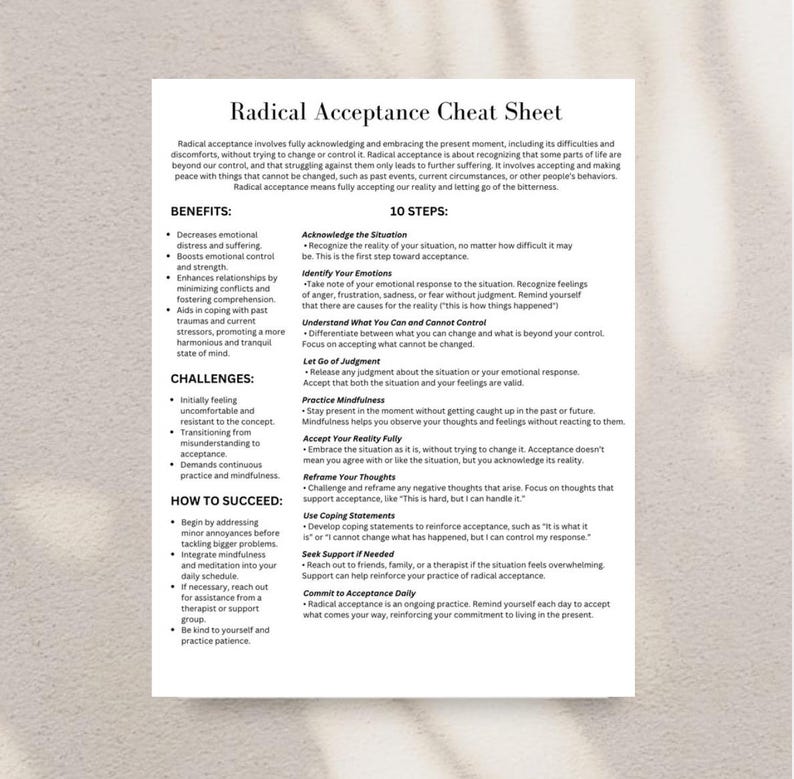 Radical Acceptance Cheat Sheet DBT Dialectical Behavioral Therapy ...