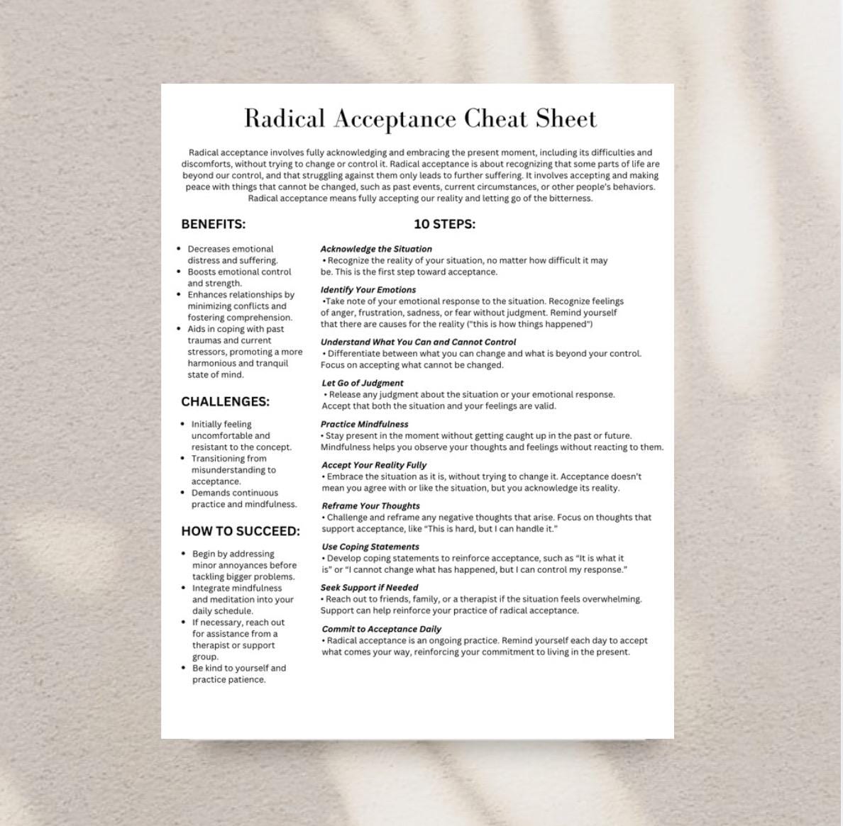 Radical Acceptance Cheat Sheet DBT Dialectical Behavioral Therapy ...