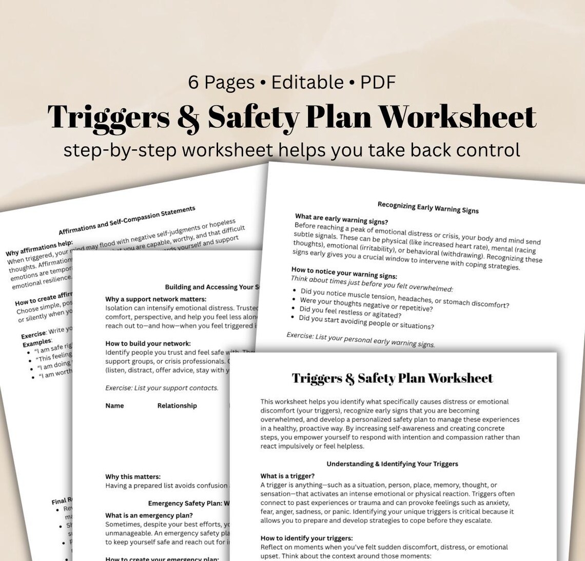Mental Health Safety Plan Worksheet Trigger Tracker Coping Skills ...
