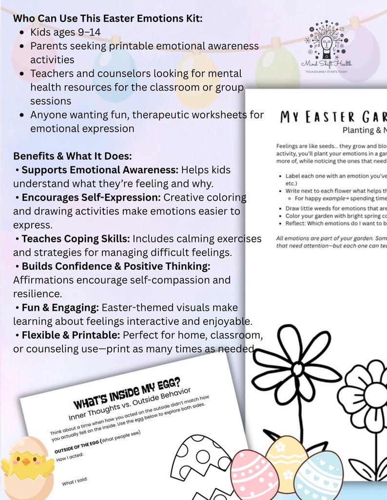 Easter Emotions Kit: Printable Mental Health Worksheets for Kids (ages ...