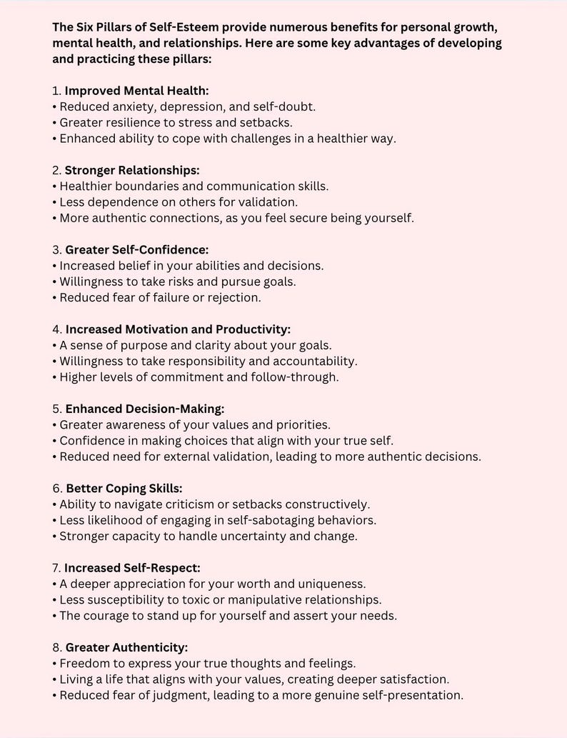 Six Pillars of Self-esteem Bundle Guided Worksheet Info Sheet for ...