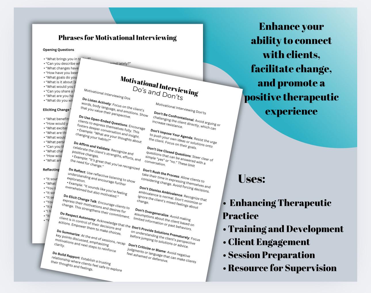 Motivational Interviewing Cheat Sheets, Therapist MI Guide (PDF) - Etsy