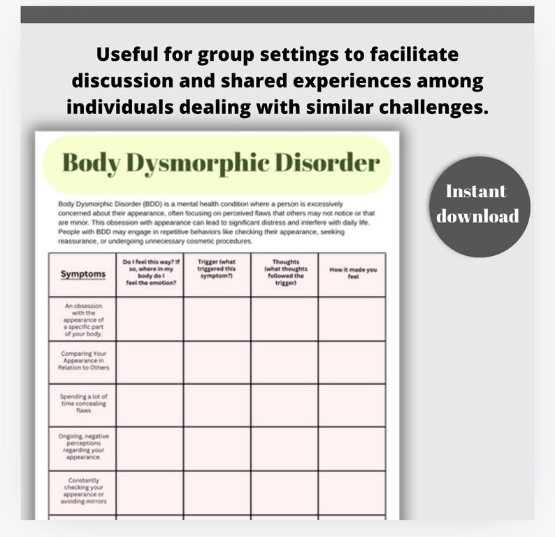 Body Dymorphic Disorder BDD Coping Worksheet Negative Body Image ...