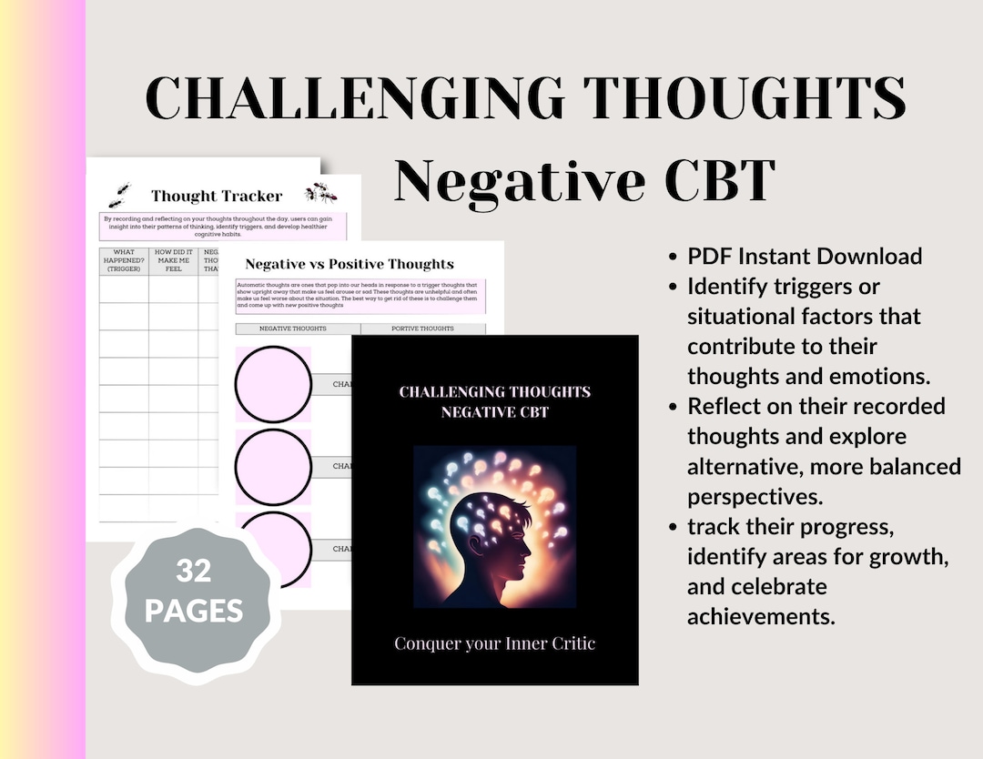 Negative Thoughts CBT Worksheets Self Awareness Self-care Therapy Tool ...