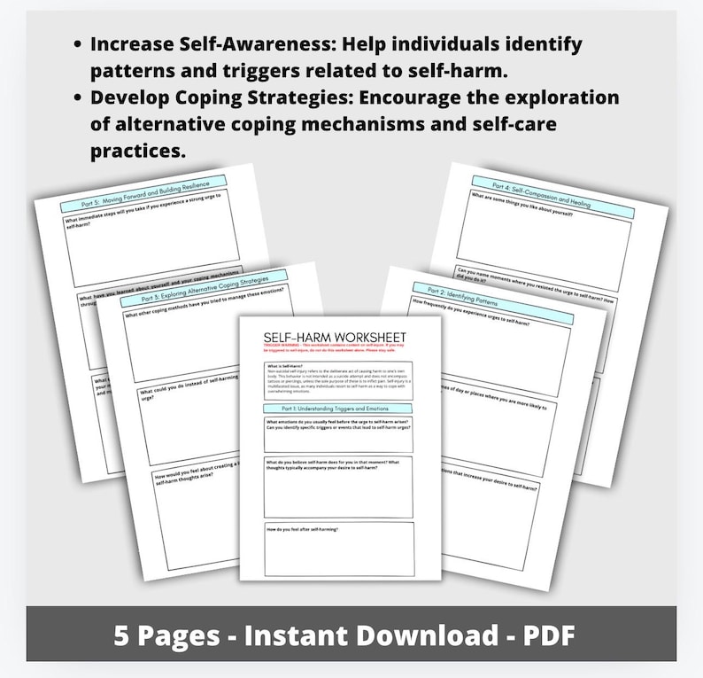 Self Harm Worksheet: Self-injury Coping, Triggers, and Support (PDF ...