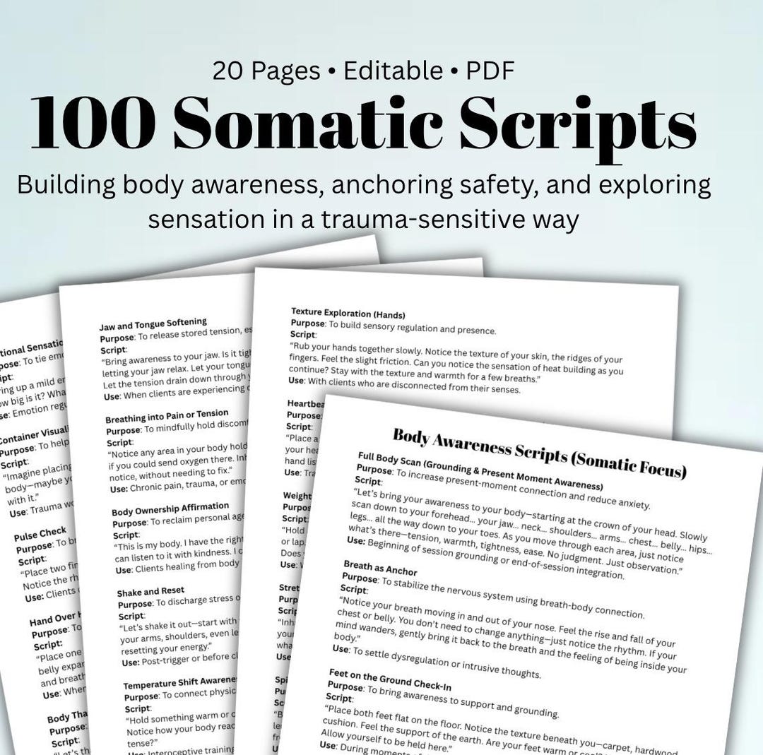 Somatic Body Awareness Scripts Bundle 100 Guided Prompts for Trauma Healing Anxiety Mindfulness ...