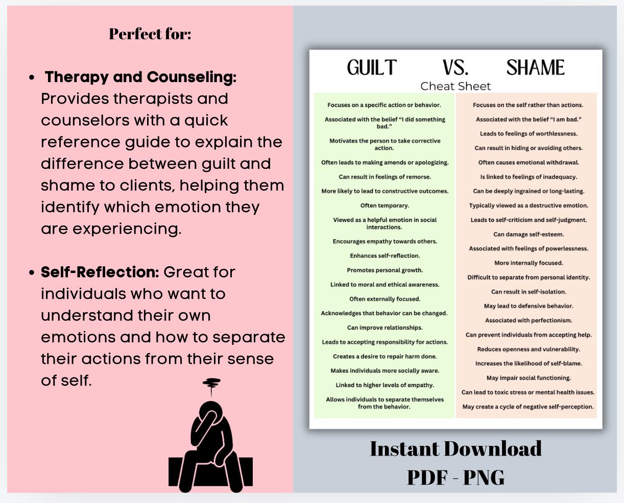 Guilt Vs. Shame Cheat Sheet Therapy Worksheet Self-awareness Tool ... Guilt Vs. Shame Cheat Sheet Therapy Worksheet Self-awareness Tool ...