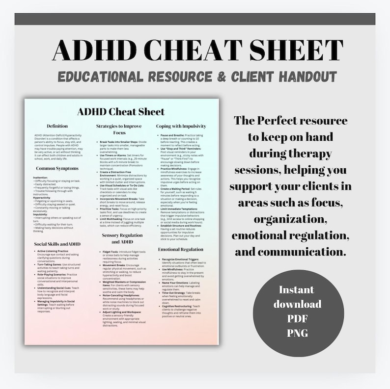 ADHD Cheat Sheet Bundle, Therapist & Parent Resources (PDF) - Etsy