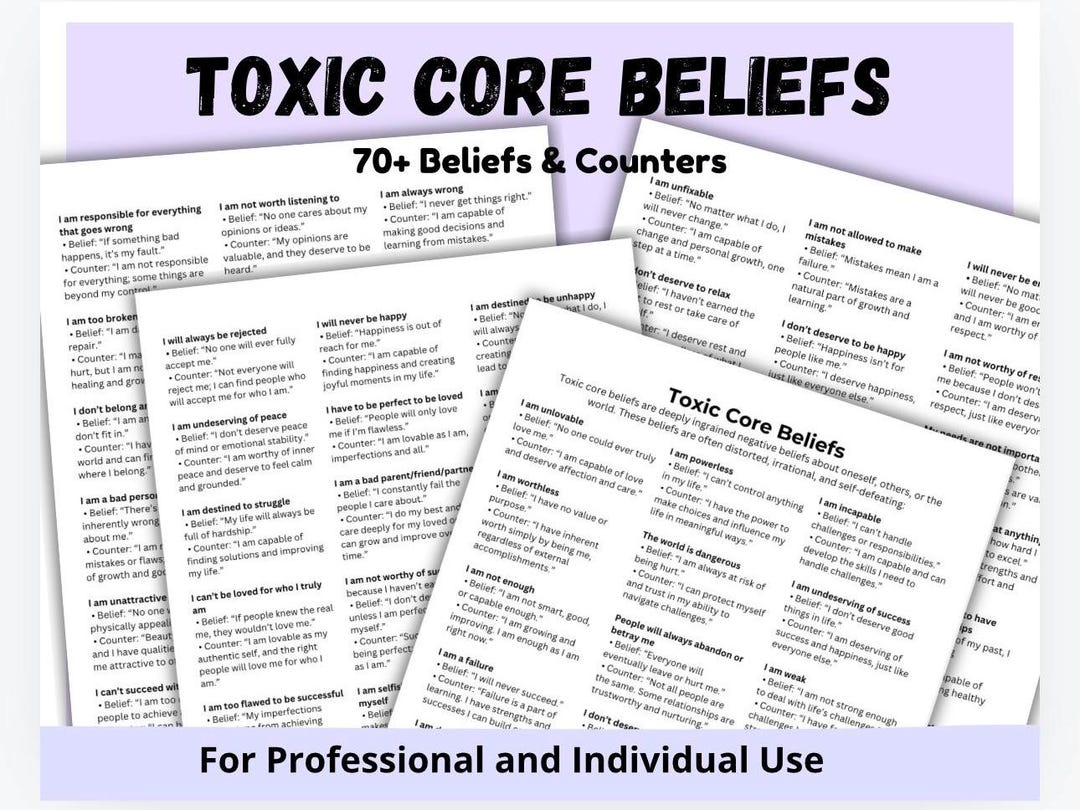 Toxic Core Beliefs Cheat Sheets Therapeutic Intervention Emotional ...