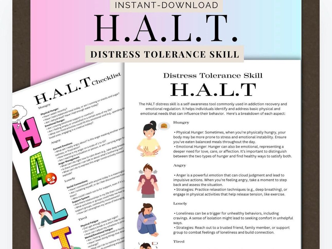 Distress Tolerance Skill Halt Hungry Angry Lonely Tired Therapy Acronym ...