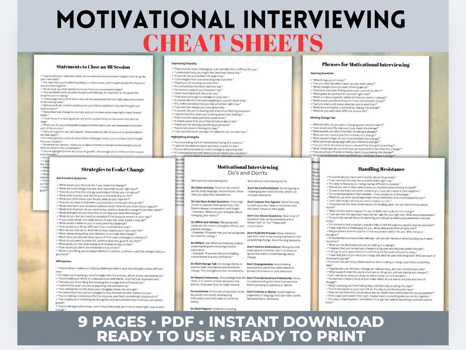 Motivational Interviewing Cheat Sheets for MI Therapist Manage Client ...