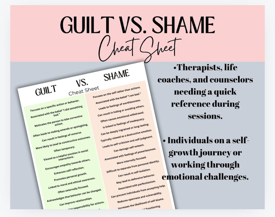 Guilt Vs. Shame Cheat Sheet Therapy Worksheet Self-awareness Tool ...