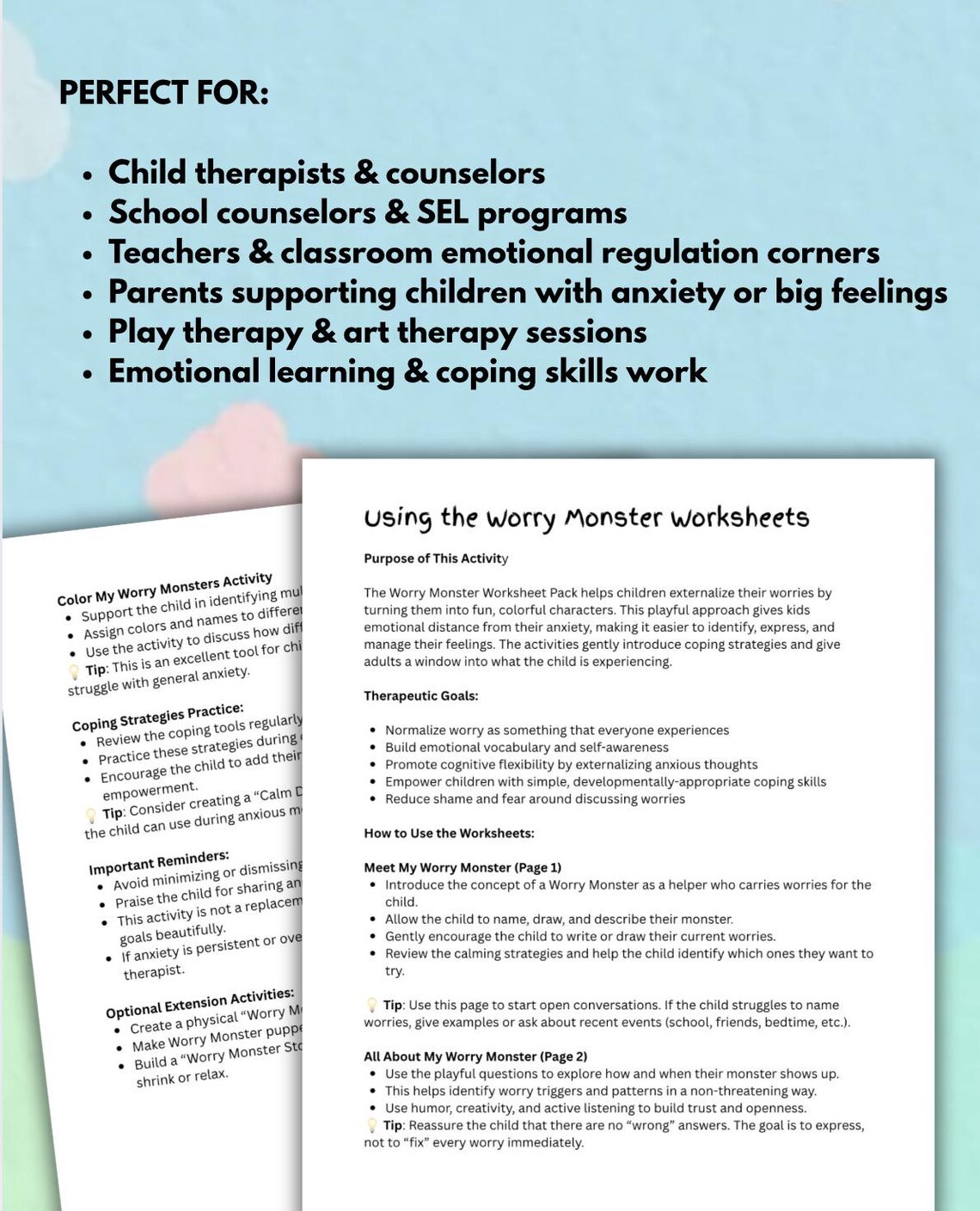 Worry Monster Activity Pack: Kids Anxiety & Emotion Regulation (PDF ...