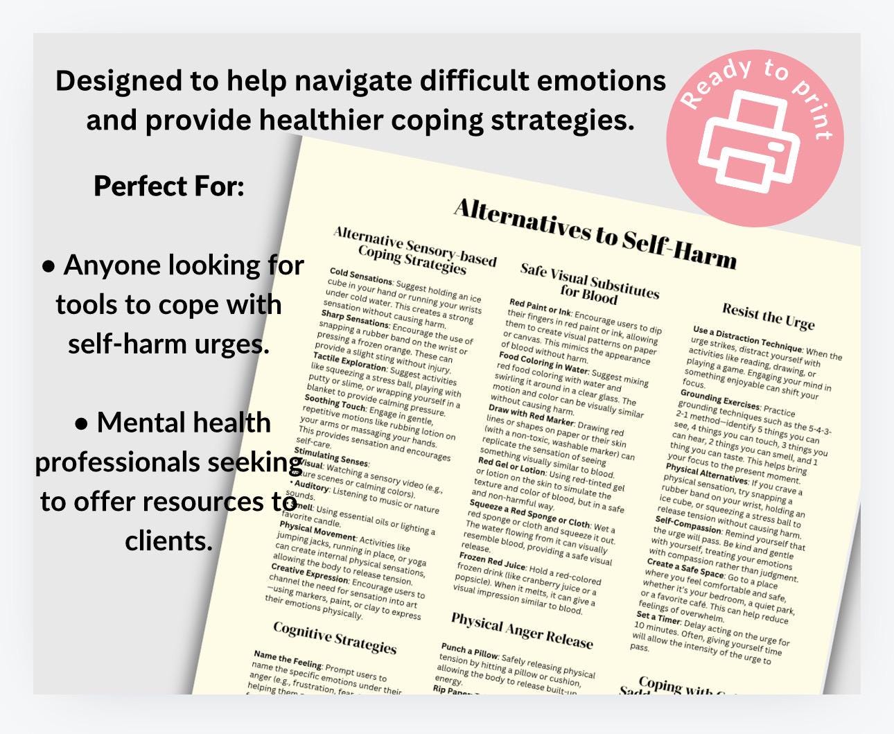 Self Harm Alternatives Worksheet Self Harm Journal Prompts Therapist ...