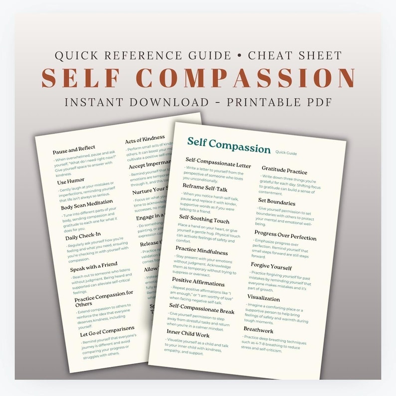 Self Compassion Cheat Sheet Mindfulness & Self-care Strategies Printable Therapy Tool Coping ...