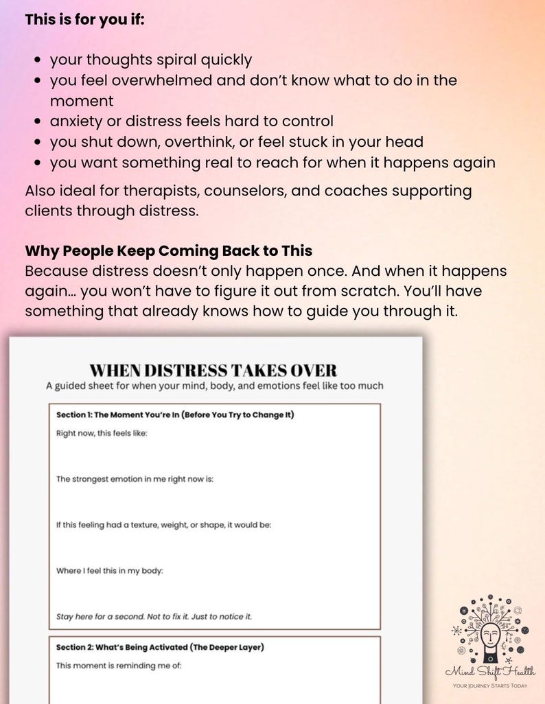Distress Tolerance Worksheet for Anxiety & Emotional Overwhelm In-the ...