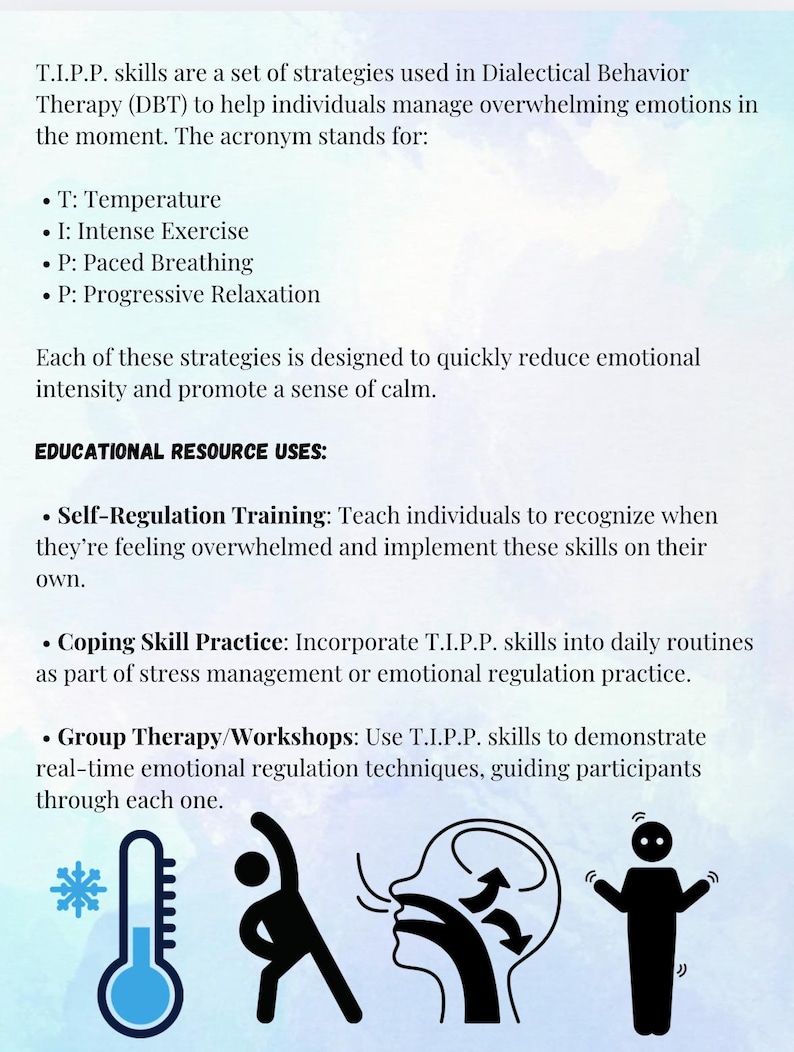 DBT TIPP Skills Handout, Emotional Regulation Therapy Resource (PDF) - Etsy