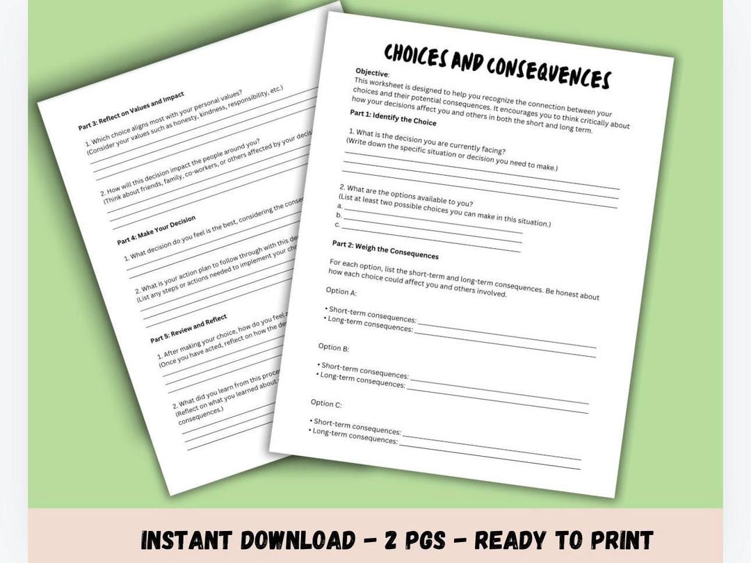 Choices and Consequences Worksheet Goals and Values Help Make Decisions ...
