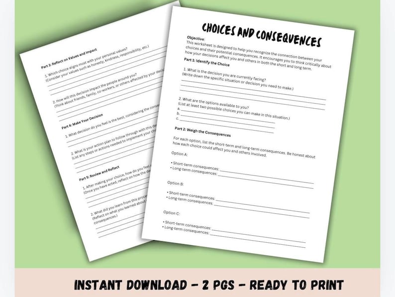 Choices and Consequences Worksheet: Therapy & Decision-making (PDF) - Etsy