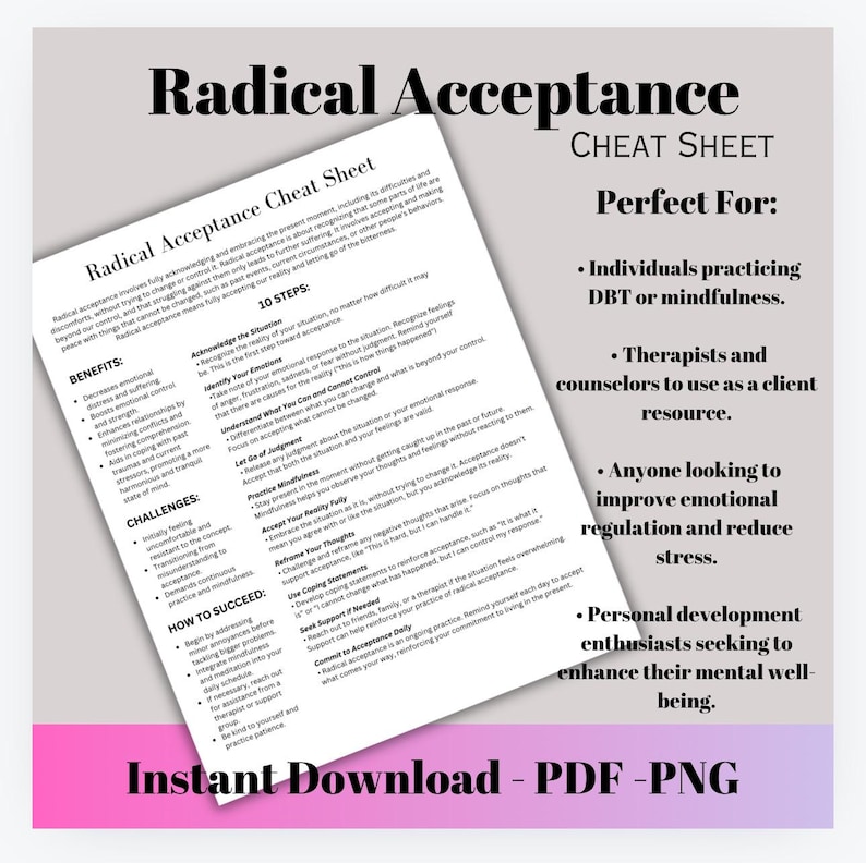 Radical Acceptance Cheat Sheet DBT Dialectical Behavioral Therapy ...